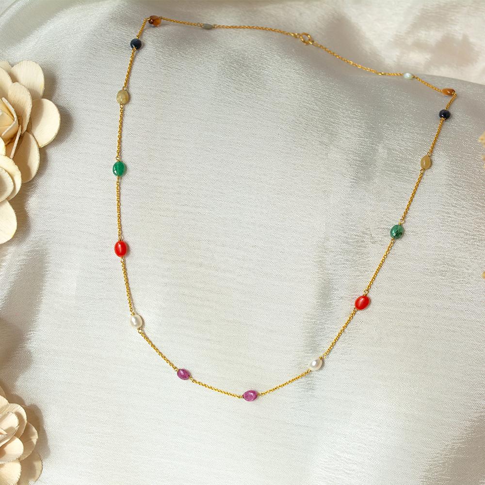 18K Yellow Gold Gold Navratna Stones Chain for women