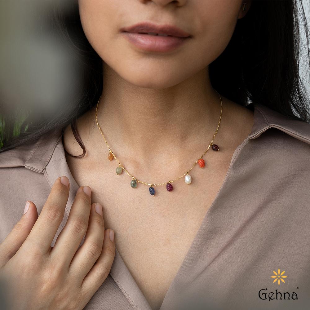 18K Yellow Gold Gold Navratna Stones Chain for women